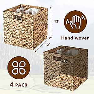 VK Living Foldable Handwoven Water Hyacinth Storage Baskets Wicker Cube Baskets Rectangular Laundry Organizer Totes for Bedroom, Living Room,Nursery Room, Shelves, Pantry 4 Pack 11.8x11.8x11.8inch