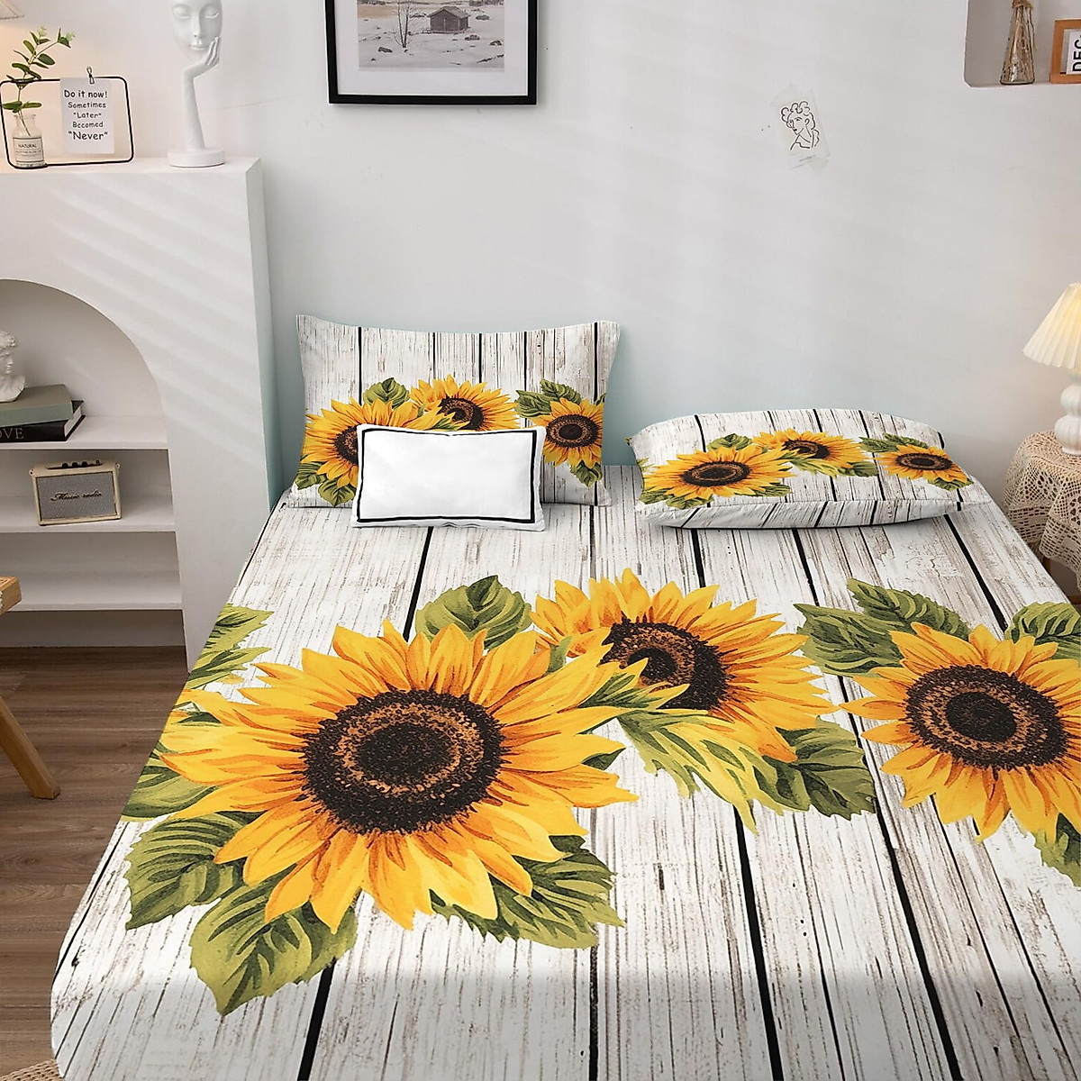 THYUNQ Sunflower Sheets Full Size Bed, Rustic Farmhouse Floral Pattern Bedding Sheets & Pillowcases - 16 Inch Deep Pocket, Super Soft Microfiber Printed Sheet Set 4 Piece