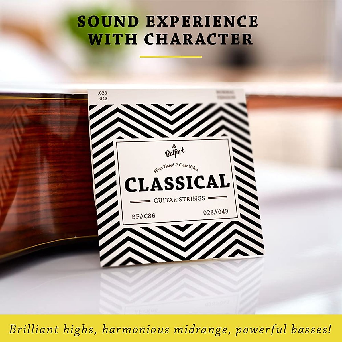 BELFORT® guitar strings classical guitar, strings for classical guitar made of nylon and silver, acoustic guitar (6-string set) - Incl. 4 picks + extra high E-string (028//043) (028//043)
