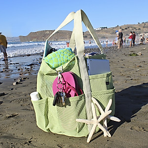 Zoie + Chloe Beach Mesh Tote Bag - 8 Pockets, Zipper, Key Hook & Carabiner