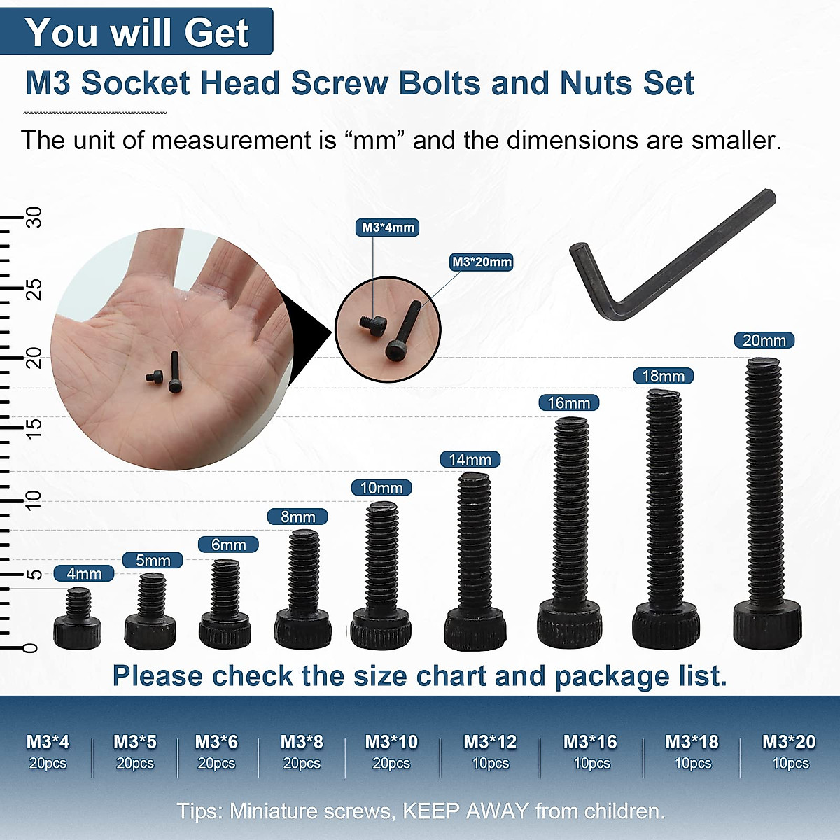 NINDEJIN M3 Small Metric Screws with Nuts, M3 Small Hex Socket Head Cap Screw, Carbon Steel Screw Bolts and Nuts Assortment Kit with Wrench Key, Replacement Machine Fastener Screws and Bolts Nuts
