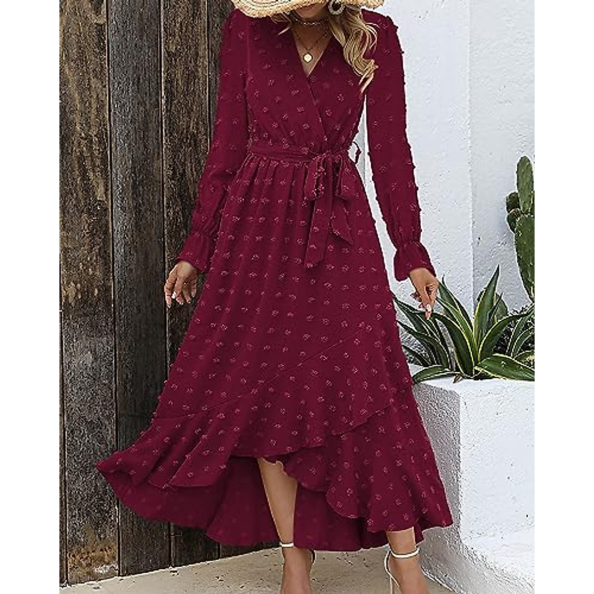 BTFBM Women's Boho Wrap Maxi Dress Summer Fall V Neck Swiss Dot Long Sleeve Flowy Slit Wedding Party Cocktail Dresses(Swiss Dot Wine Red, Small)