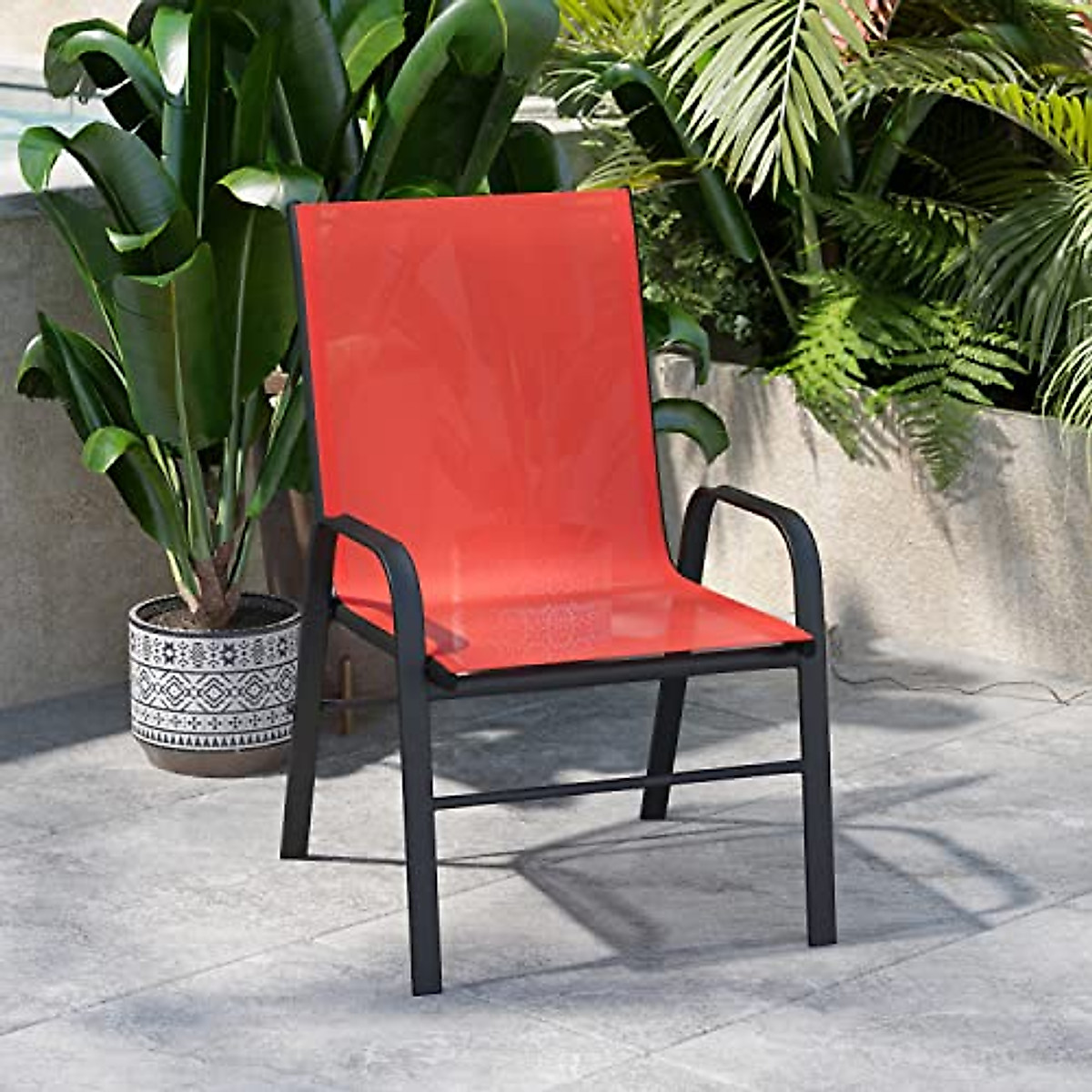 Flash Furniture Brazos Series Red Outdoor Stack Chair with Flex Comfort Material and Metal Frame, Set of 4