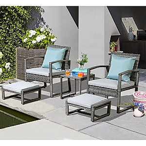 Patiorama 5 Piece Outdoor Patio Wicker Furniture Set, All Weather PE Rattan Chair and Ottoman Footstool Set, W/Coffee Table, Cushions (Light Grey) for Garden, Balcony, Porch, Space Saving Design
