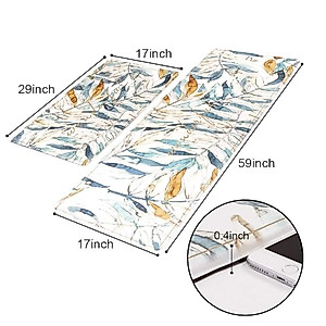 Kitchen Rug Set, LEEVAN Kitchen Floor Mats 2 Piece PVC Leather Anti Fatigue Comfort Heavy Duty Waterproof Oil Proof Non-Skid Rubber Back Washable Doormat Bathroom Area Rug(17" X 29"+17" X 59", Leaves)