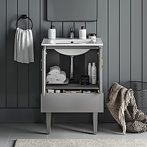 SSLine Free Standing 24-Inch Bathroom Vanity with Ceramic Sink Modern Small Bathroom Vanity with Top Basin and Storage Cabinet Floor Stand Wood Bath Vanity w/Gold Handles for Small Space(Grey)