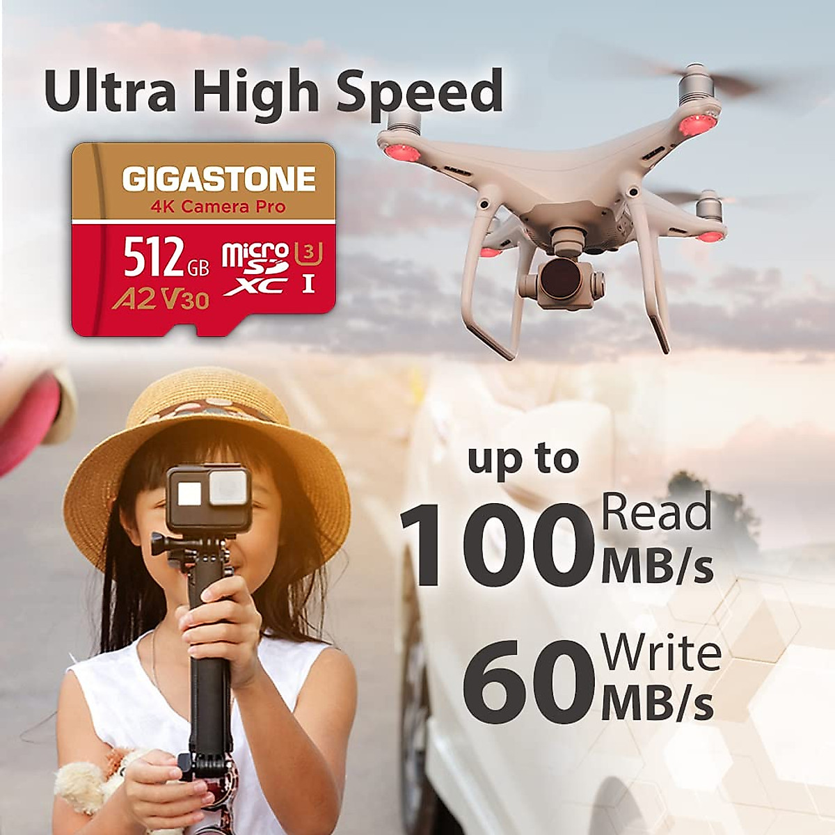 GIGASTONE 512GB Micro SD Card, 4K Video Recording, GoPro, Action Camera, Sports Camera, Nintendo Switch, R/W up to 100/60 MB/s, UHS-I A2 V30 Class 10