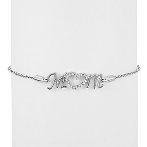 ARAIYA FINE JEWELRY 925 Sterling Silver Round-shape Diamond Mom Heart Bolo Bracelet (1/10 cttw, I-J Color, I2-I3 Clarity), 7''