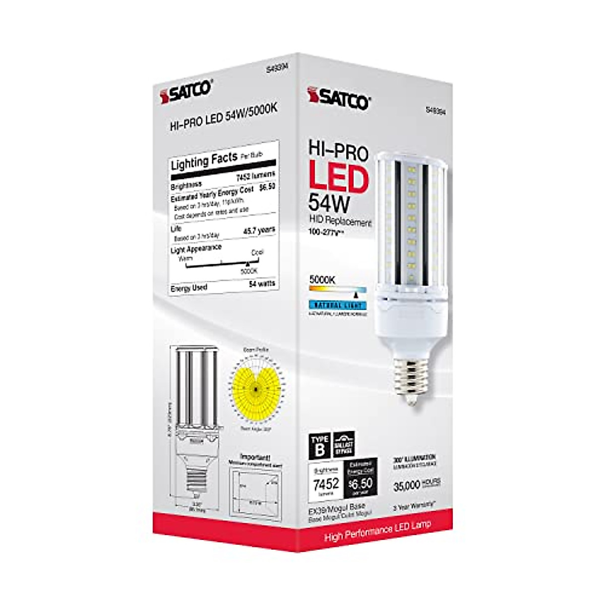 Satco S49394 Hi-Pro High Lumen LED Corncob Light Bulb, HID Replacement, 54 Watts, White