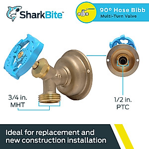SharkBite 1/2 x 3/4 Inch MHT 90 Degree Hose Bibb, Multi Turn, Push To Connect Brass Plumbing Fitting, PEX Pipe, Copper, CPVC, PE-RT, HDPE, 24626LF