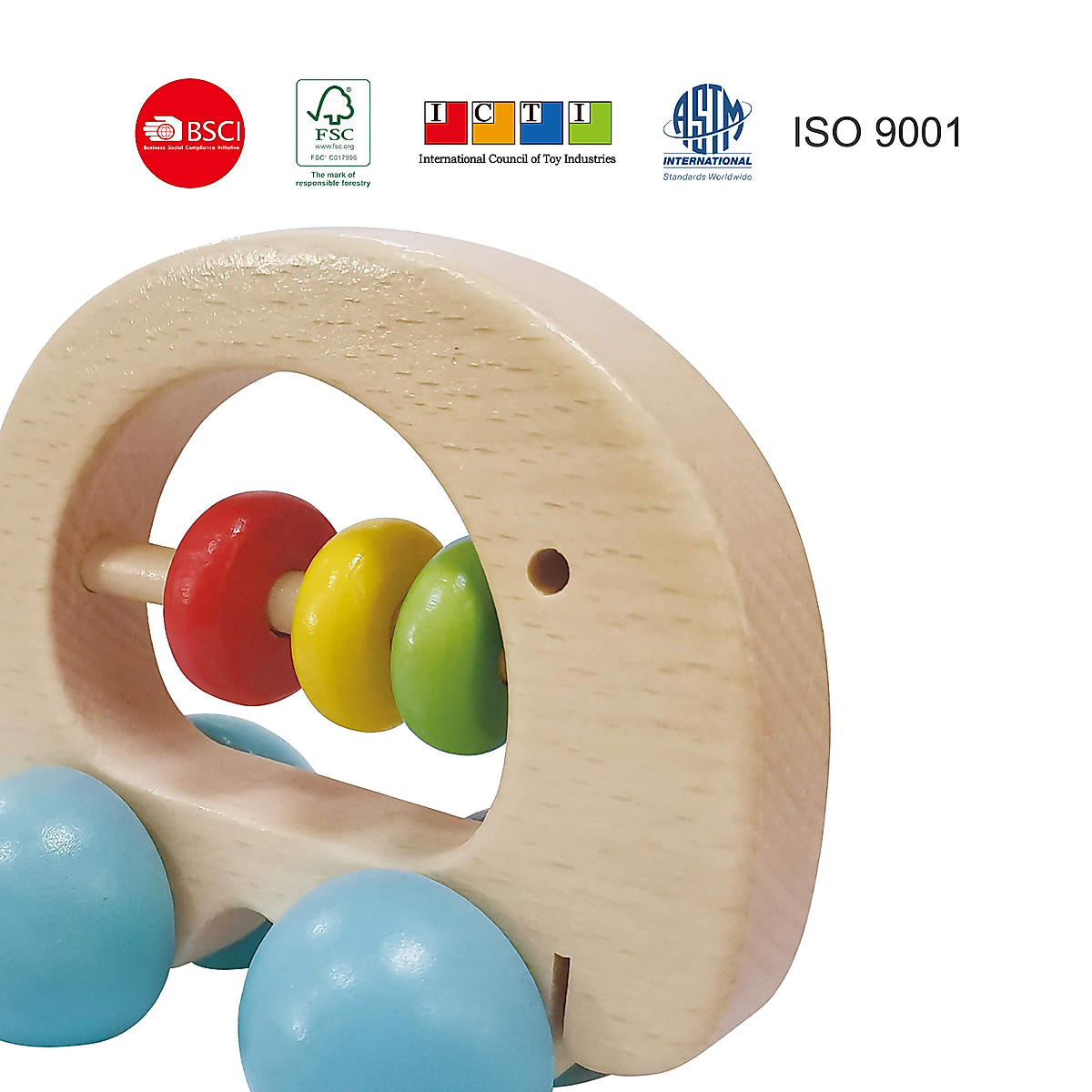 Classic World Wooden Rattle, Elephant Baby Rattle Wood Teether Grasping Toys Rings Push and Pull Toy