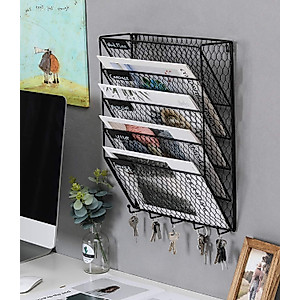 PAG 5 Tier Wall File Holder Hanging Mail Organizer Metal Chicken Wire Wall Mount Magazine Rack with hooks for Home and Office, Black