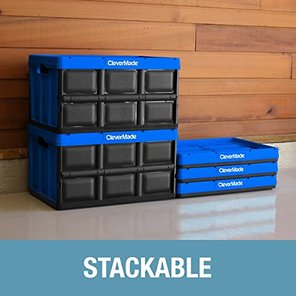 CleverMade 62L Collapsible Storage Bins (3 Pack, Black) NO LID-Stackable Storage Containers for Organizing, Toy Storage, Garage Storage, 23"x 15.5"x12.75" Plastic Storage Bins, Each hold 100lbs