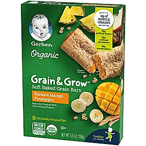 Gerber Organic Grain & Grow Toddler Bars, Banana Mango Pineapple, Soft Baked Grain Bars Toddler Snack, 8 Individually Wrapped Bars/Box (Pack of 2 Boxes)