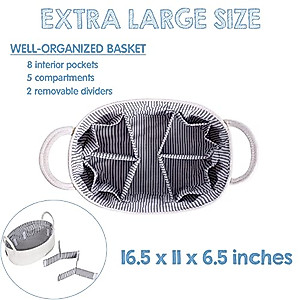 Extra Large Baby Diaper Caddy Organizer 16.5"X11"X6.5" Woven Cotton Rope Baby Shower Basket [8 Pockets+5 compartments]Nursery Storage Bin Portable Car Travel Tote Bag Newborn Registry Boy Girl