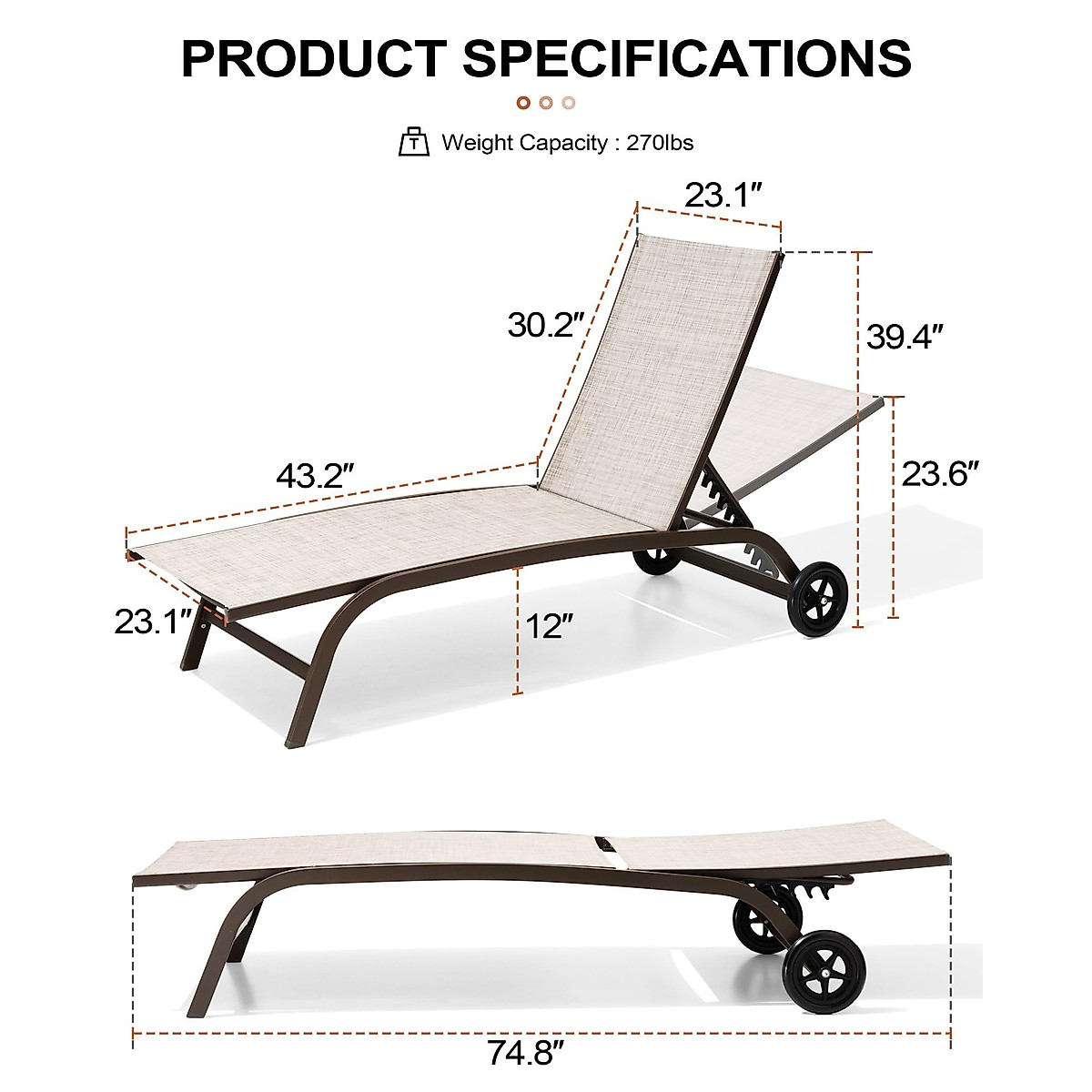 Crestlive Products Aluminum Chaise Lounge Chairs with Wheels Outdoor Adjustable Recliner Five-Position and Full Flat All Weather for Patio, Beach, Yard, Pool (2PCS Beige)
