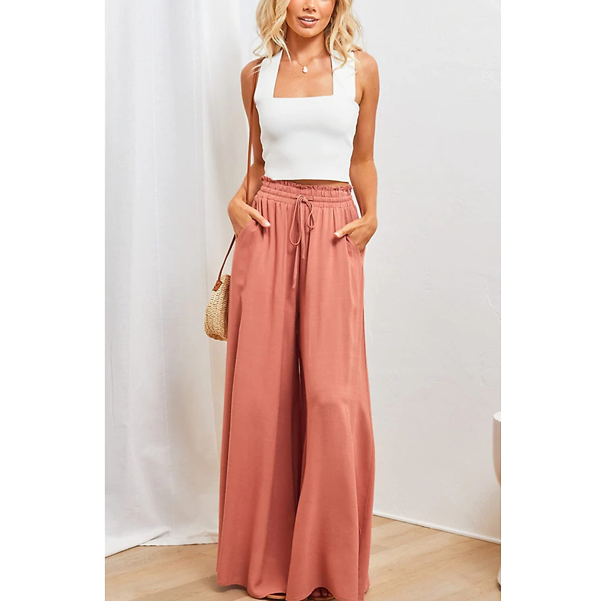 Wanzetaly Women's 2023 Fashion Casual Wide Leg Pants Elastic High Waisted Palazzo Pants with Pockets(0084-Orange-XL)