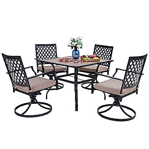 PHI VILLA Outdoor Patio Wood-Like 37" Square Dining Table and Arm Swivel Chairs Furniture Set of 5