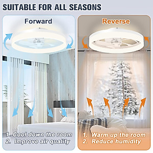 VOLISUN Low Profile Ceiling Fans with Lights and Remote, 19.7in Fandelier Ceiling Fan Flush Mount, 3000K-6500K Smart Bladeless LED Fan Light, White Modern Ceiling Fans with Lights for Bedroom