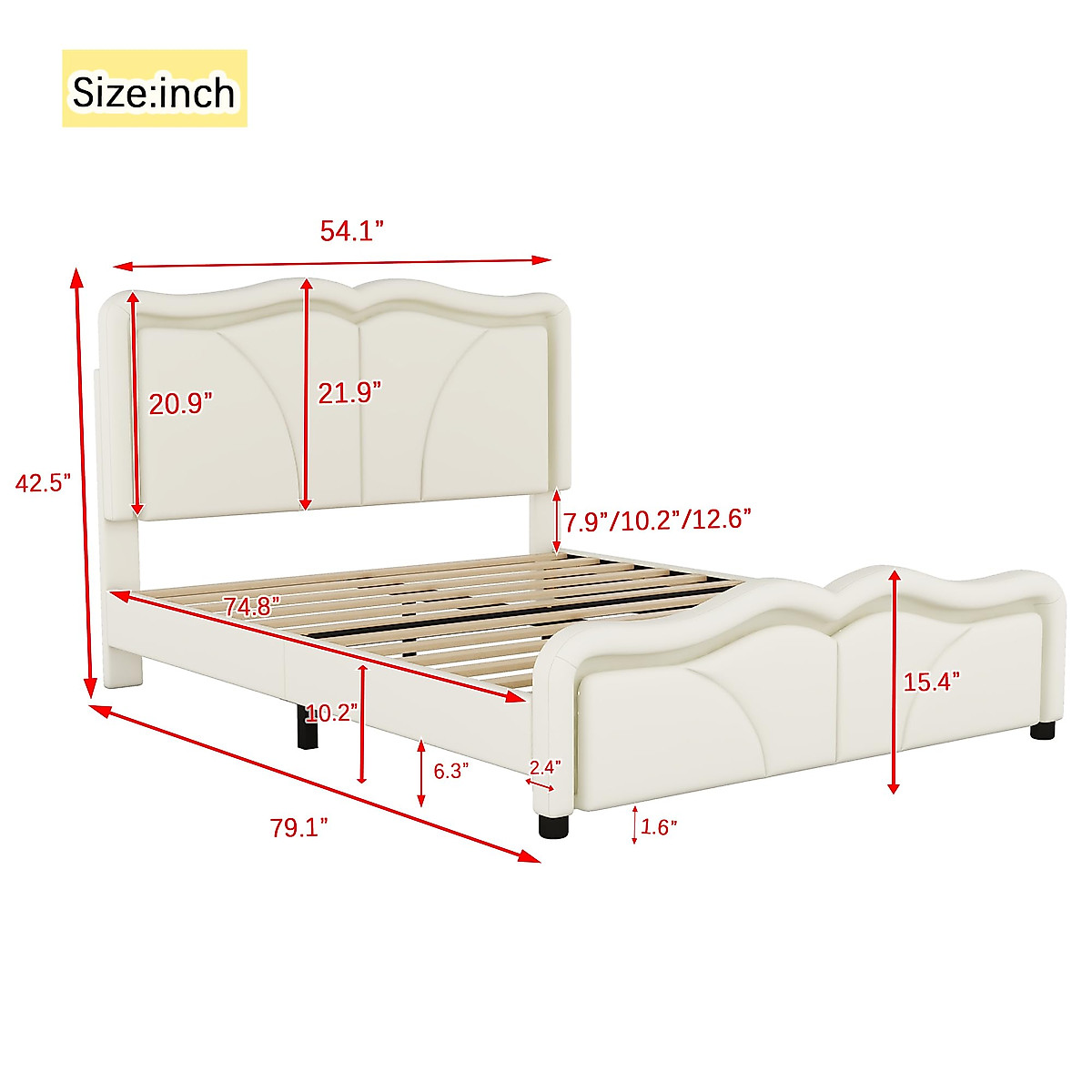Full Size PU Upholstered Platform Bed,Bed Frame with LED Lights,Bedstead with Adjustable Headboard Height,Suitable for Kids Teenagers, Boys, Girls No Box Spring Needed, Easy Assembly (White, Full)