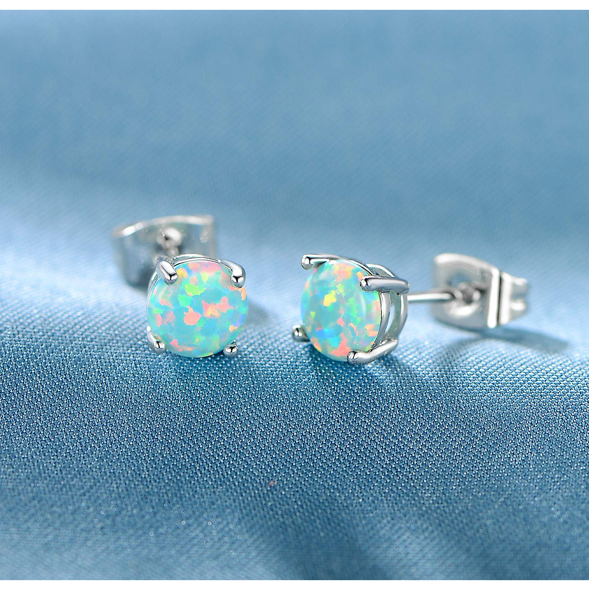 GEMSME 18K White Gold Plated Color 6mm Opal Stud Earrings Hypoallergenic Jewelry for Women (round)