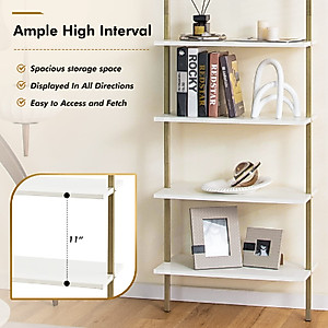 Giantex 5 Tier Modern Wall Mounted Bookshelf, 71'' White and Gold Wood Bookcase with Steel Frame, Stand Display Storage Rack Organizer Ladder Shelf for Living Room, Kitchen