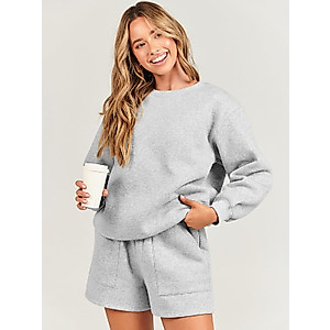 ANRABESS Women 2 Piece Outfits Sweat Shorts Sets 2025 Oversized Casual Lounge Matching Set Sweatsuit Tracksuit Clothes Light Grey Small