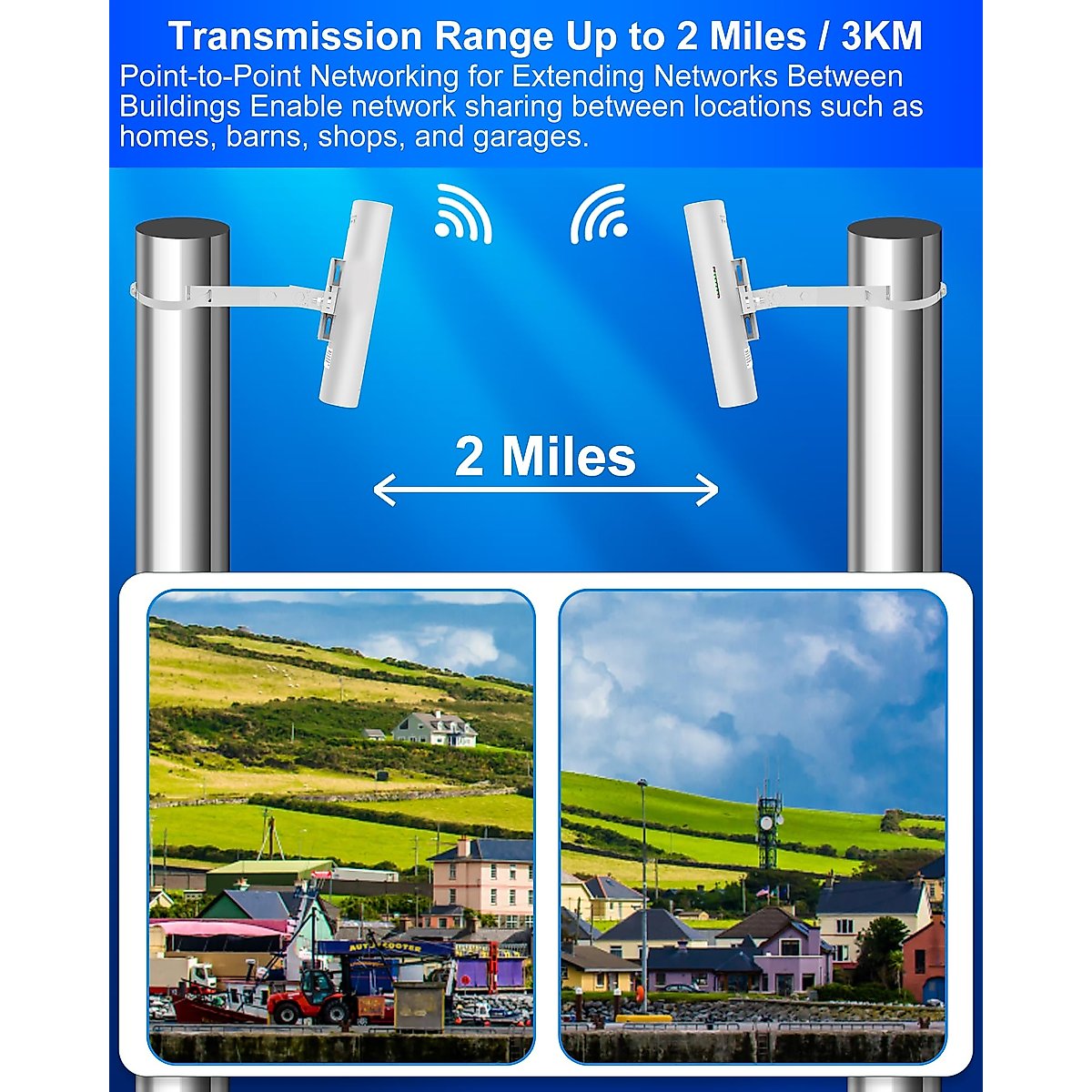 5.8G Wireless Bridge with Pole/Wall Mount Bracket - Extend Starlink Internet Access Outdoor, 2 Miles Point to Point WiFi Bridges with PoE Adapter, 2-Pack