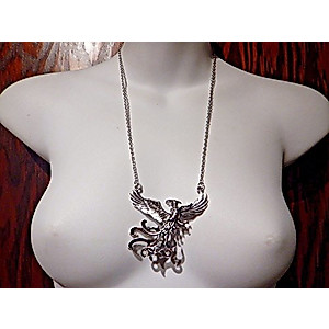 Silver Phoenix Pendant on Chain Necklace fire Bird Fantasy Creature Animal Wings Feathers