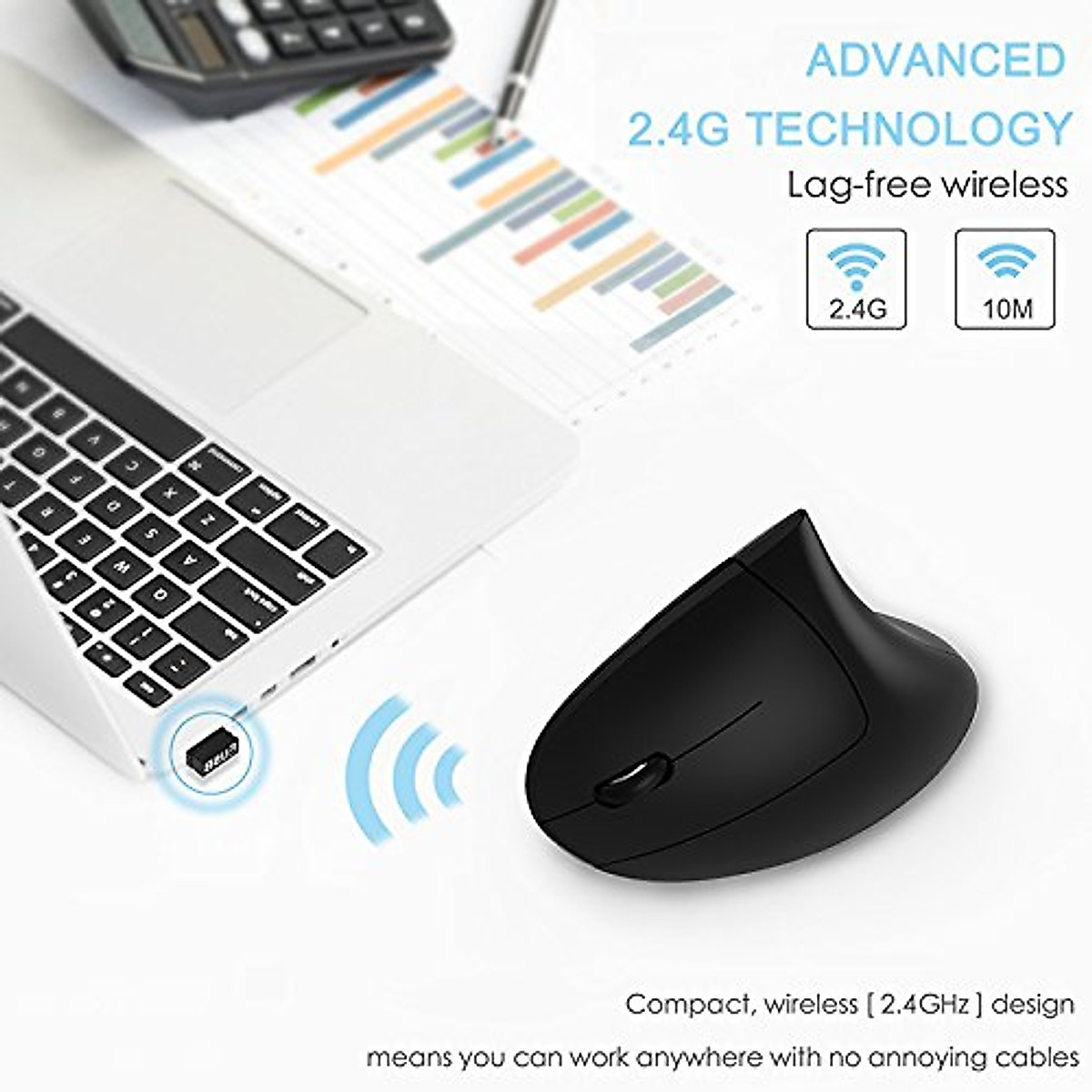 Lekvey Left Handed Mouse, Wireless 2.4 GHz USB Lefty Left Hand Ergonomic Vertical Mouse, Less Noise - Black