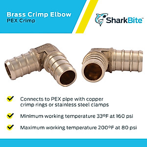 SharkBite 1/2 Inch Crimp 90 Degree Elbow, Pack of 10, Brass Plumbing Fitting, PEX Pipe, PE-RT, UC248LFA10.