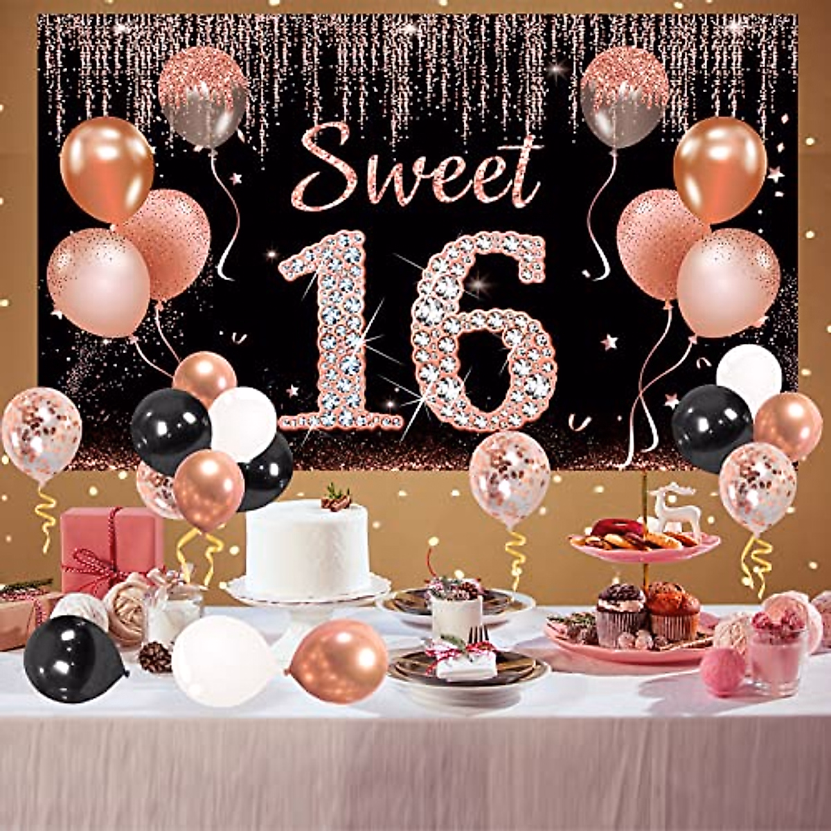 Sweet 16th Birthday Banner Decorations with Confetti Balloon Arch Garland, Rose Gold Happy 16 Birthday Backdrop Balloon Kit Party Supplies for Girls, Sixteen Year Old Bday Photo Booth Decor