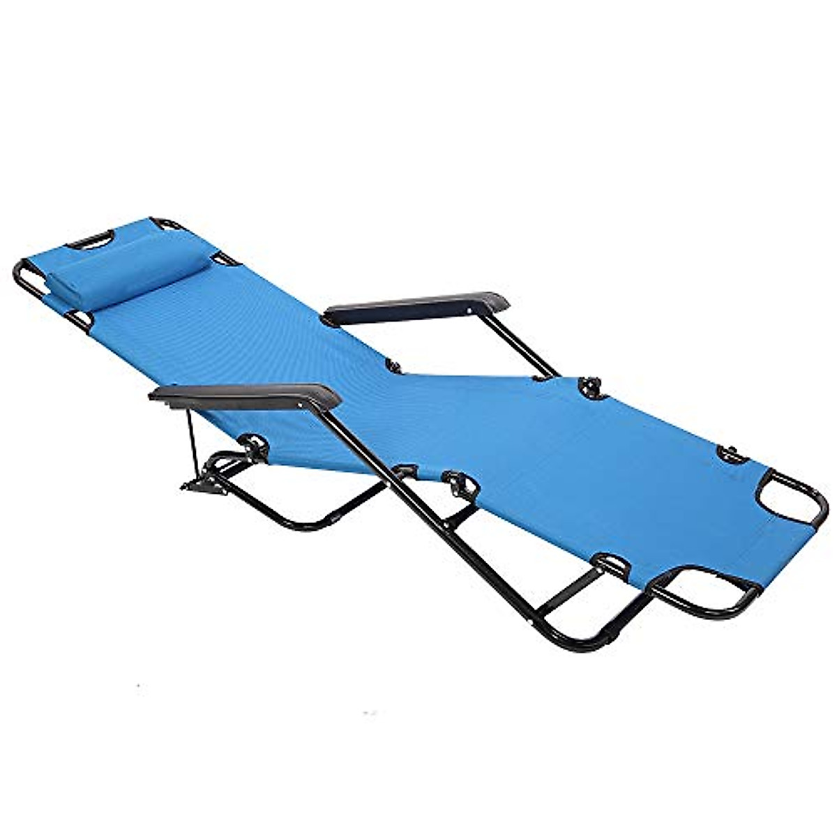 Outdoor Chaise Lounge Chair, Portable Dual Purposes Extendable Folding Reclining Chair for Outside Patio Beach Sunbathing Tanning Pool, Camping Reclining Chair with Shoulder Strap and Pillow, Blue