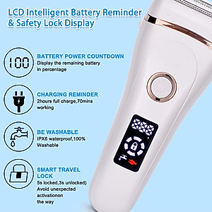 Electric Lady Shaver Bikini Trimmer, Wet & Dry Rechargeable Cordless Painless Electric Razor for Women, LED Display Razor for Legs Underarms (White)