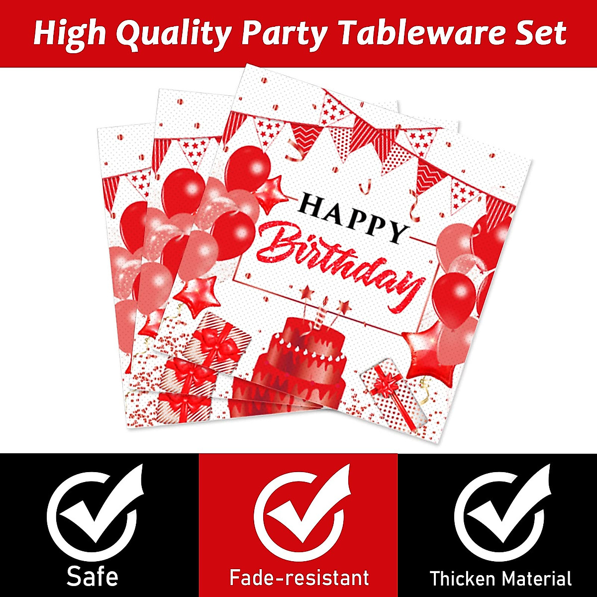Red White and Gold Birthday Plates Napkins Forks Party Tableware Set Confetti Sprinkles Happy Birthday Party Decorations Red Table Decors for Men Women for 24 Guests