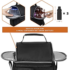 opux Insulated Dual Compartment Lunch Bag for Men, Women | Double Deck Reusable Lunch Pail Cooler Bag, Soft Leakproof Liner | Large Lunch Box Tote for Work, School (Black)