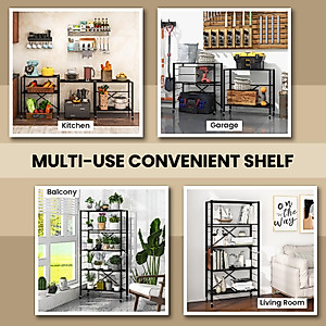 GOFLAME 5-Tier Folding Storage Shelf, Adjustable Shelves with Wheels, Detachable Shelving Unit, Large Capacity, Storage Rack for Garage, Kitchen, Balcony, Living Room, Black