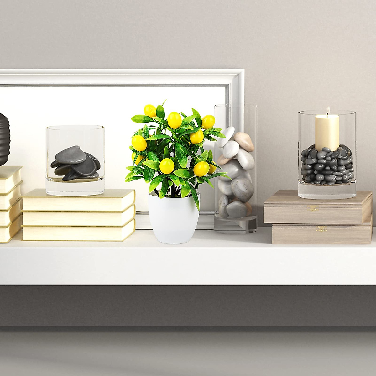 WIVAYE Artificial Lemon Tree Plant Decor, 9.65 Lemon Tree Indoor Plant, Artificial Flowerpot Lemon Bonsai for Office Table Stair Balcony Garden Home Decor, 3.74 x 9.65inch