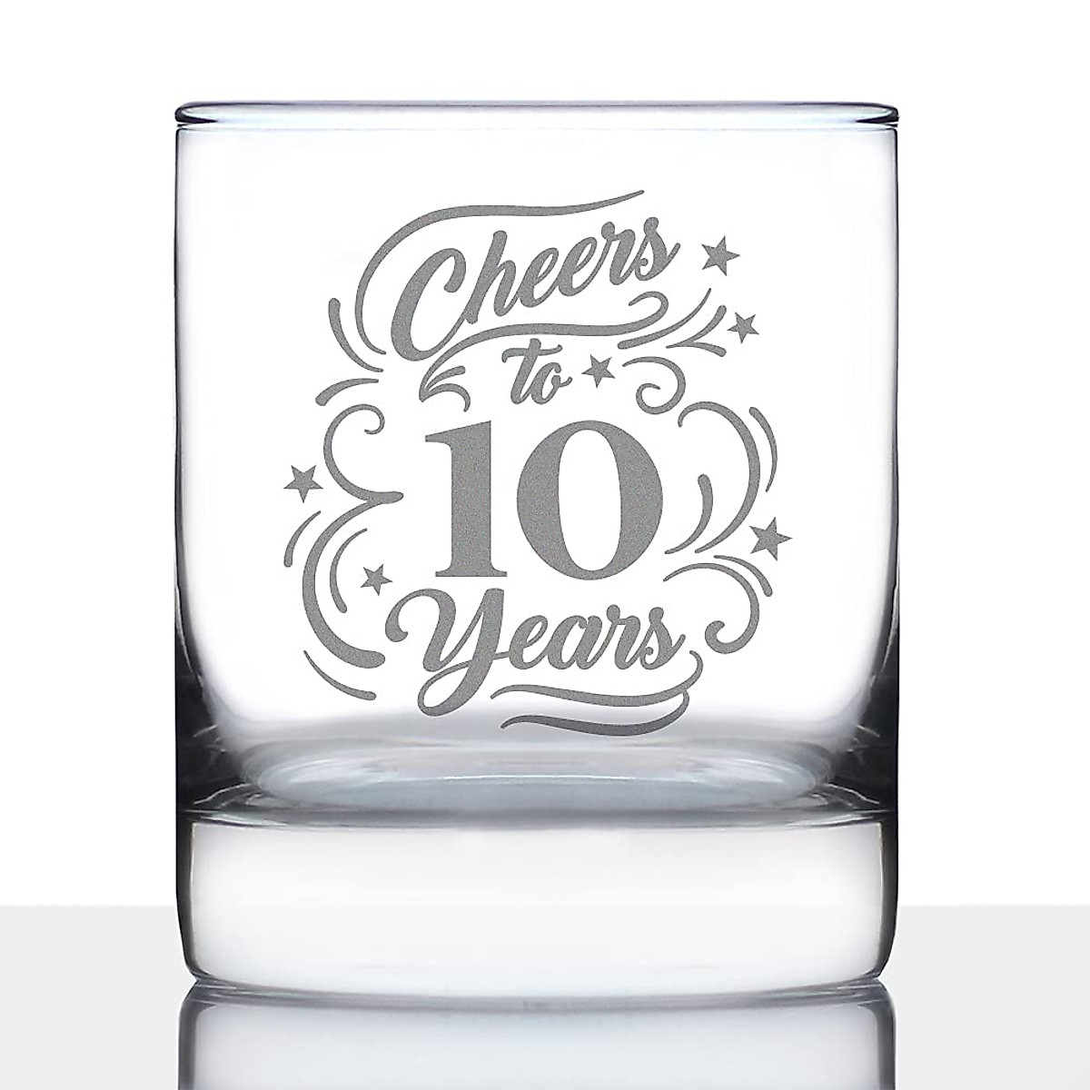 Cheers to 10 Years - Whiskey Rocks Glass Gifts for Women & Men - 10th Anniversary Party Decor - 10.25 Oz Glass