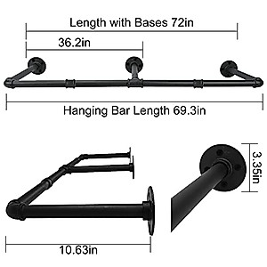 Closet Rods for Hanging Clothes, Ecoyomi 72 Inch Clothing Racks Wall Mount,Industrial Pipe Clothing Rack, Garment Rack Clothes Hanging Rod Bar, Heavy-Duty Garment Bar for Closet Laundry Room Storage