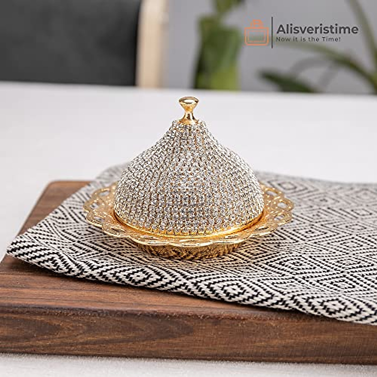 Alisveristime Coated Handmade Brass Sugar Chocolate Candy Bowl Serving Dish with Lid (Crystal Gold)