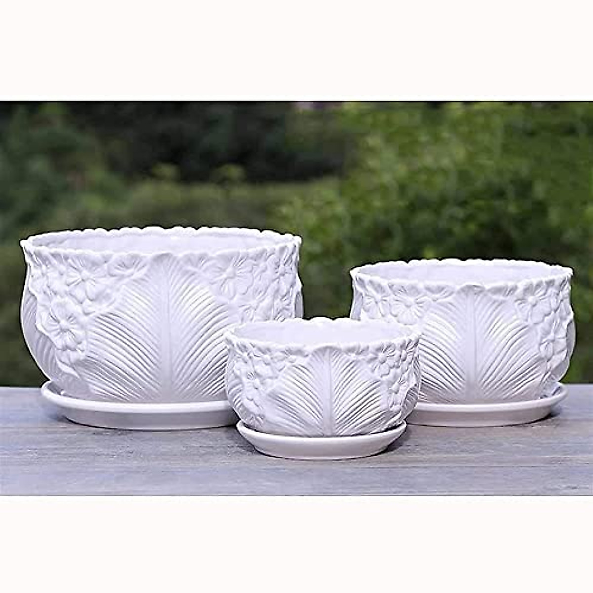 Miikoo1 White Flower Pot Outdoor Ceramic Bonsai Planter Indoor Desktop Balcony Simple Personality Plant Pot with Drainage Hole and Tray, Home Balcony Green Plants Bonsai