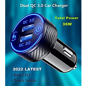 Car Charger, BRCOVAN Dual QC3.0 Port USB Car Charger Adapter, 36W 3A Fast Charge Car Phone Charger with Touch Switch & Blue LED
