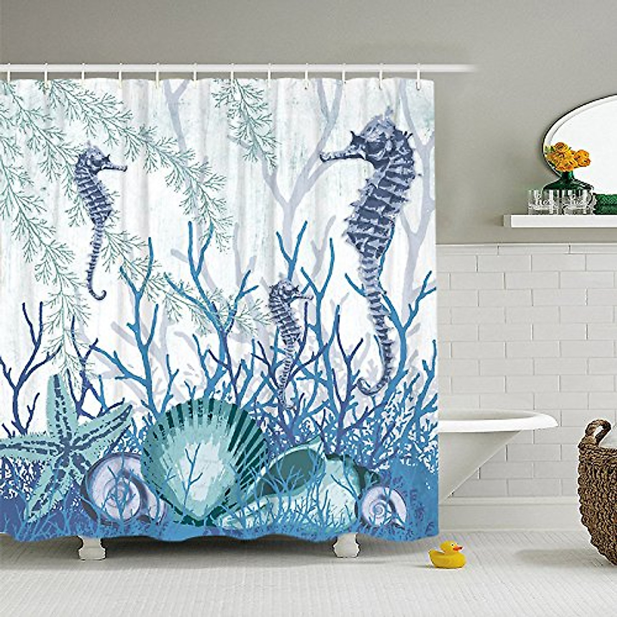 Amagical Sea Shells Seahorse Starfish Pattern 3 Piece Blue Ocean Shower Curtain Bath Mat Set Non Slip Bathroom Mat Contour Mat Fabric Shower Curtain with 12 Hooks