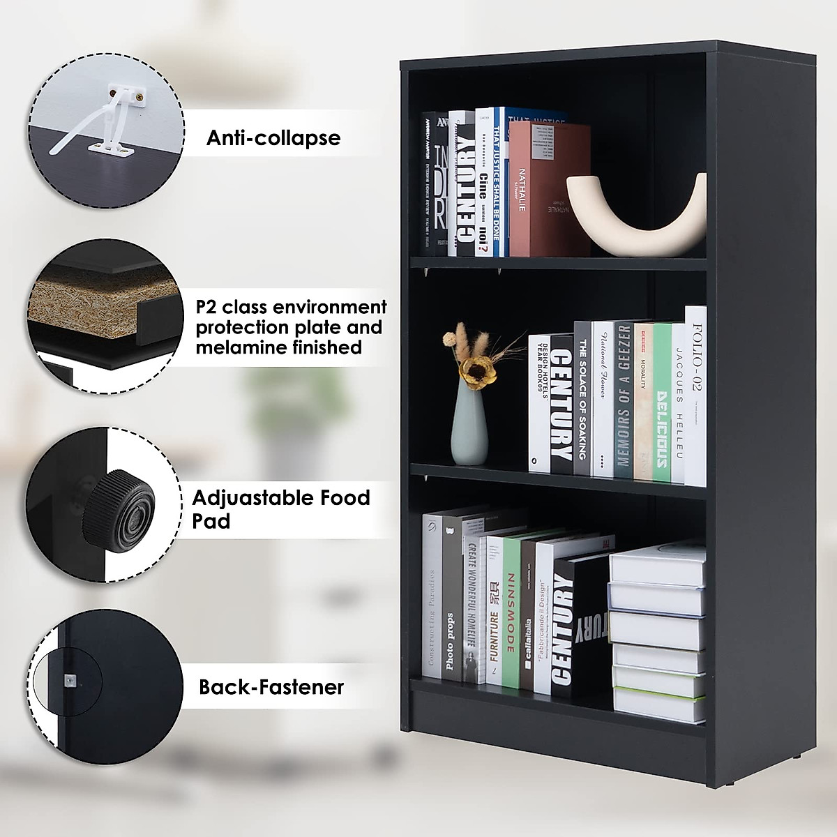 Sunon 3 Shelf Wood Bookcase Freestanding Display Shelf Adjustable Layers Bookshelf for Home Office Library Small Narrow Space (Black, 3-Layers)