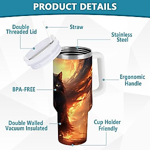 ARGTILDN 40 oz Tumbler Black Cat Fire Insulated Travel Mug with Handle and Straw Lid Stainless Steel Vacuum Coffee Cup Tea Beverage Container Water Bottles for Car Sports office