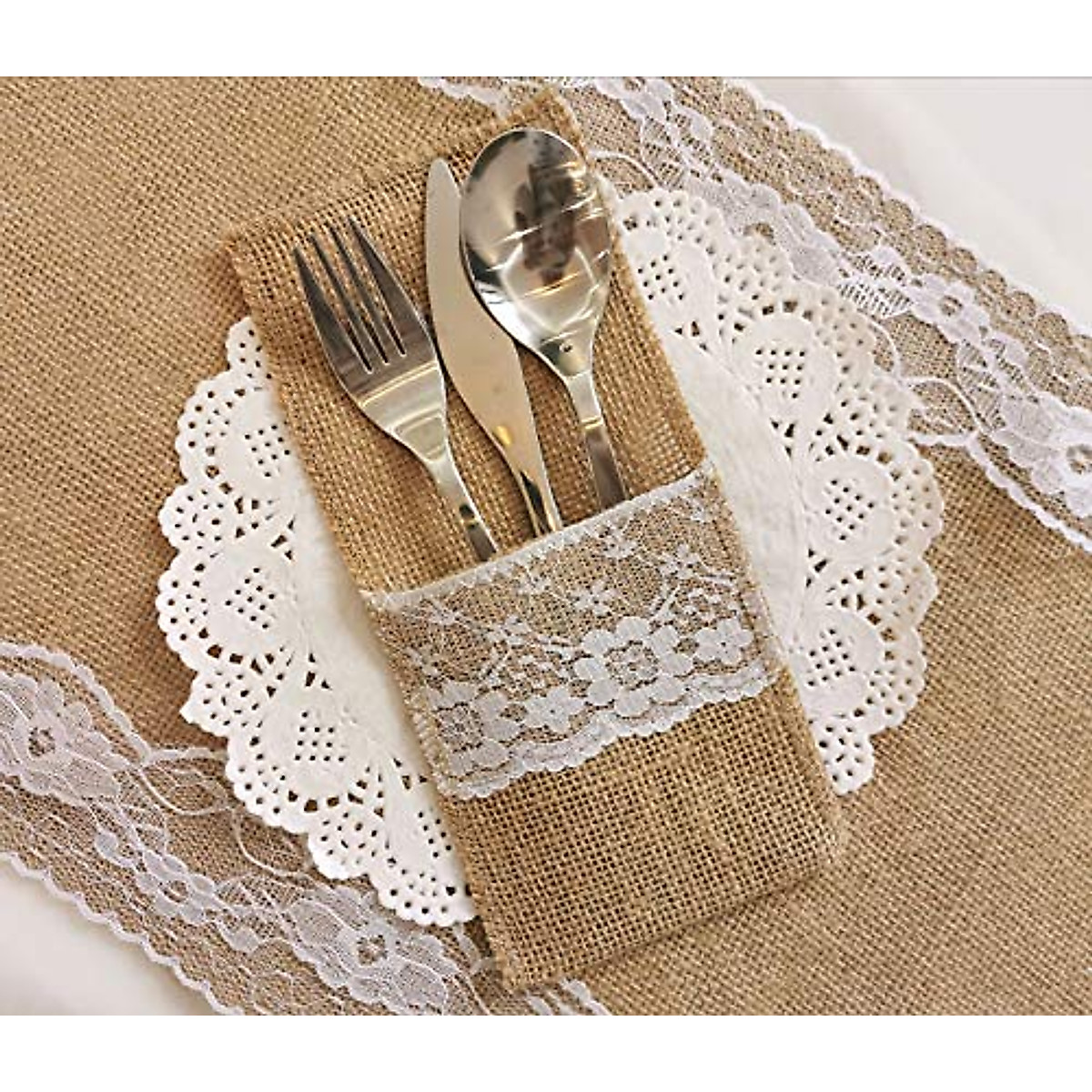 Lucky Monet 50PCS 4 x 8Inch Natural Burlap Lace Silverware Bag Utensil Holder Cutlery Pouch Hessian Knife Fork Tableware Bags for Wedding Party Restaurant Decoration (50PCS)