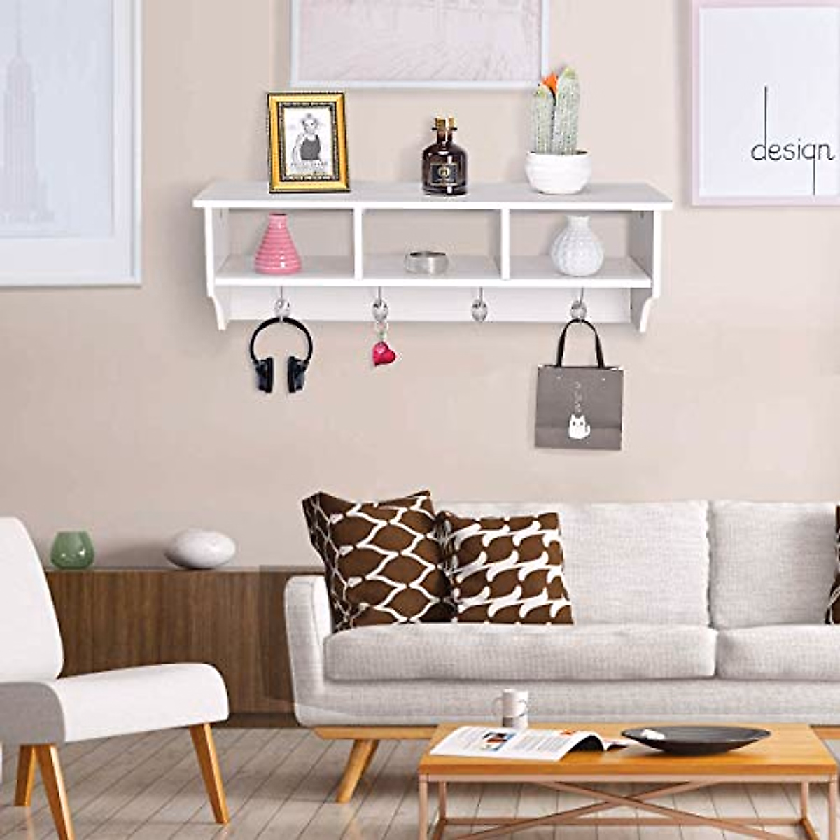 Byroce Wall Mounted Storage Cabinet, Floating Display Cabinet with 4 Dual Hooks and 3 Open Compartments, Hanging Shelf, Wall Cubby Organizer, Perfect for Entryway, Hallway, Living Room (White)