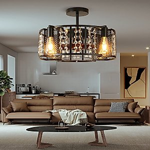 XuanDe Ceiling Fans with Lights and Remote, Vintage Caged Ceiling Fans Industrial Farmhouse Rustic Ceiling Fan Bladeless Enclosed Flush Mount for Hall, Living Room, Bedroom（Bulb x 6 Included）