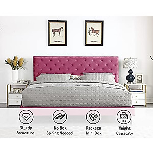 King Upholstered Platform Bed Frame with 48" Tall Adjustable Headboard - Button Tufted Suede Velour Bed- Wood Slat Support with Storage Space - No Box Spring Needed - Pink - OLIVER & SMITH - Princeton